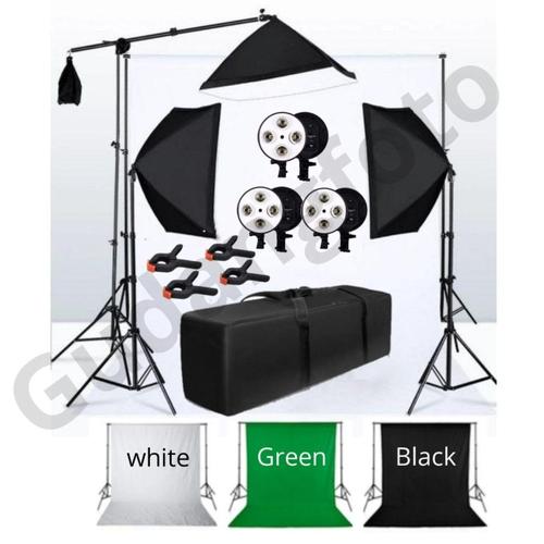 Jual Lampu set Lighting studio 4 Socket Softbox kit dan Backdrop custom ...
