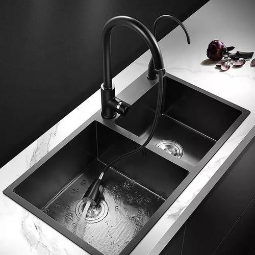 Jual Paket kitchen sink hitam 8245 stainless +kran tarik hitam ...