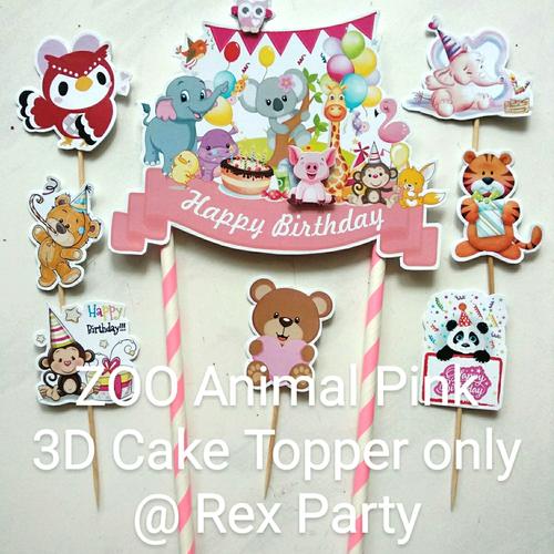 Jual Zoo Animal Cake Topper/Topper Kue 3D Pink/Birthday Topper Zoo ...