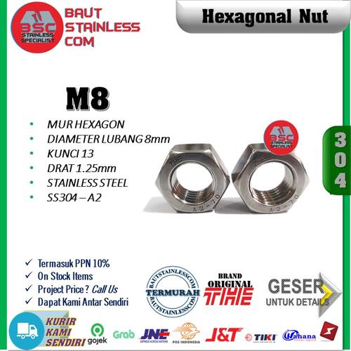 Jual Hex Nut M8 Mur Stainless SUS304 Original THE isi 10pcs - Kab ...