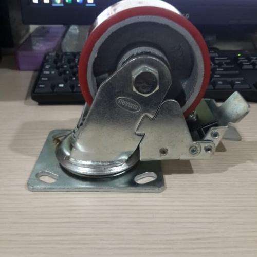 Jual Roda PU Flat Besi Cor Heavy Duty 4 inch Hidup Rem Poliurethane ...