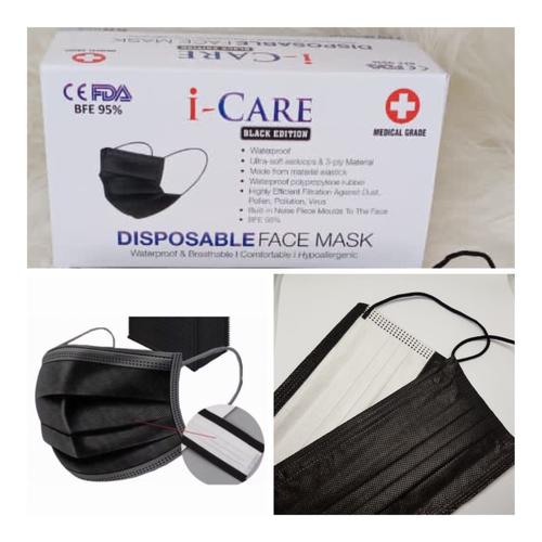 Jual Masker Hitam 3ply Earloop isi 50 Pcs Medis Grade i-Care Black ...