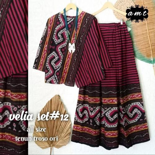Jual setelan baju batik tenun set kebaya blouse rok flare motif lurik ...