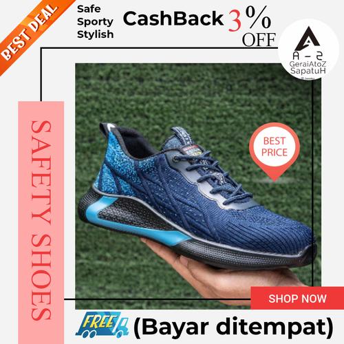 Jual Sepatu safety shoes pria sport sneaker fashion nyaman ringan biru ...