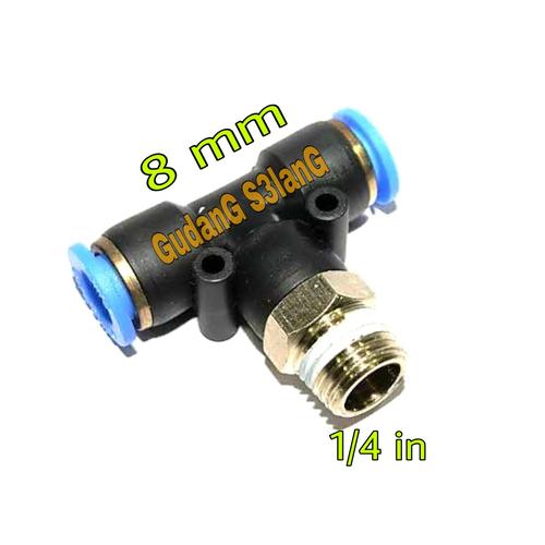 Jual Konektor Tee PU 8mm Drat Male Fitting Selang Pneumatic Lock Push ...