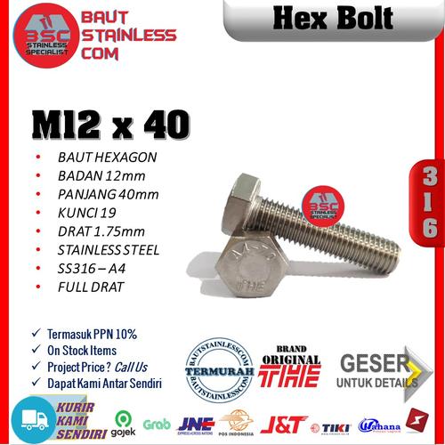Jual HEX BOLT STAINLESS SS316 - A4 BAUT HEX M12X40 KUNCI 19 - Kab ...