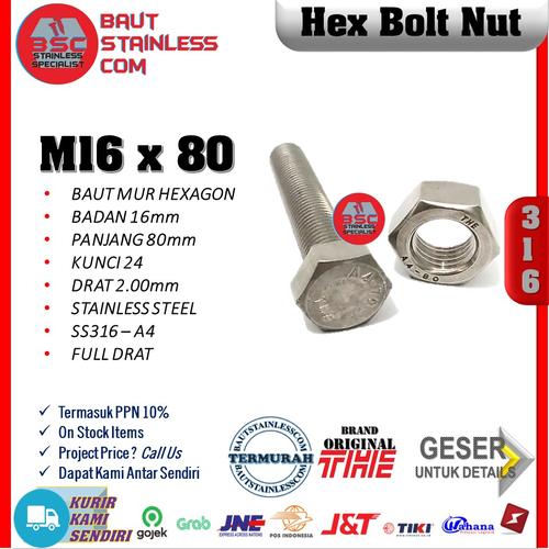 Jual HEX BOLT NUT STAINLESS SS316 - A4 BAUT DAN MUR M16X80 KUNCI 24 ...