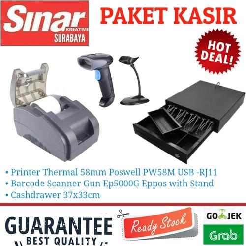 Jual PAKET KASIR Printer Poswell 58MM + Barcode Scanner + Laci Kasir 37 ...