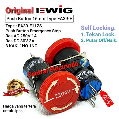 Jual Push Button Emergency Stop EWIG EA39-11ZS Locking 16mm 3Kaki 1NO ...