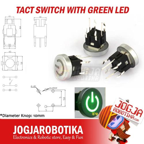 Jual Tact Switch 10mm dengan LED Illuminated Lampu Hijau-Cap Silver ...