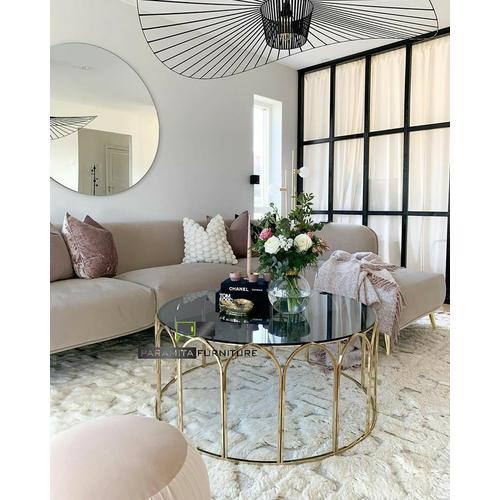 Jual Meja Ruang Tamu kaca Meja Bulat kaca Hitam Kaki Besi Warna Emas ...