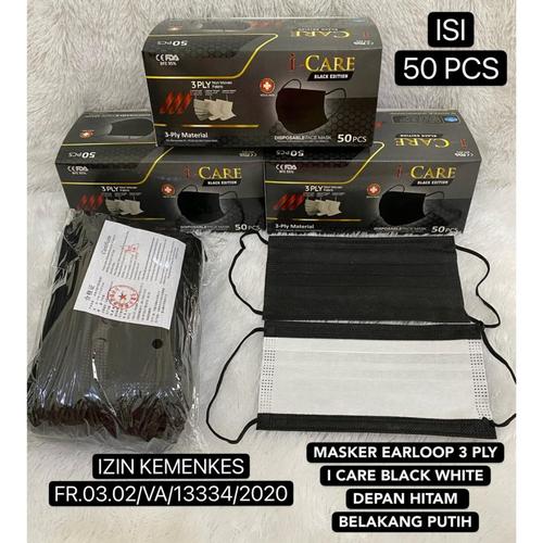 Jual Masker Hitam 3ply Earloop isi 50 Pcs Medis Grade i-Care Black ...