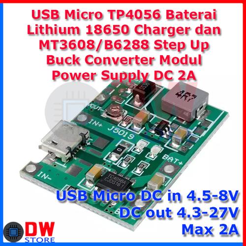 Jual Charger Lithium 18650 3.7V TP4056 5V 1A USB MICRO MT3608/B6288 ...