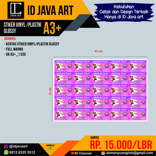 Jual CETAK KERTAS STIKER VINYL/PLASTIK GLOSSY A3+_TANPA CUTTING - Kota ...