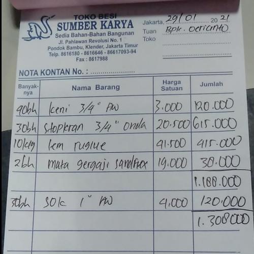 Jual Nota Bapak Oerianto 29 Januari 2021 - Jakarta Timur - Tb. Sumber ...
