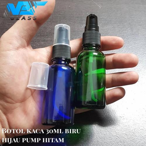 Jual botol kaca 30ml pump hitam / botol kaca biru hijau pump treatment ...