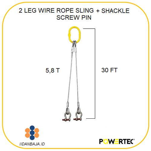 Jual 2 LEG WIRE ROPE SLING + SHACKLE SCREW PIN. SWL 5,8 T X 30 FT ...