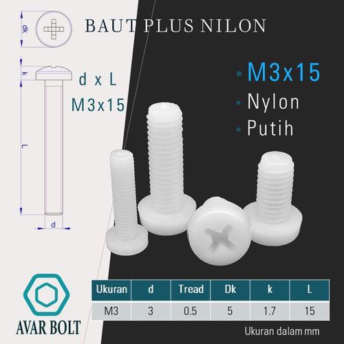 Jual Baut Nilon M3x15 Putih Round Head Screw Bolt JP Plastik Nylon ...