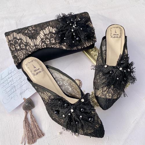 Jual Black Selop Sepatu Pesta Wanita Block Heels 5cm & Clutch Set AVEDA ...