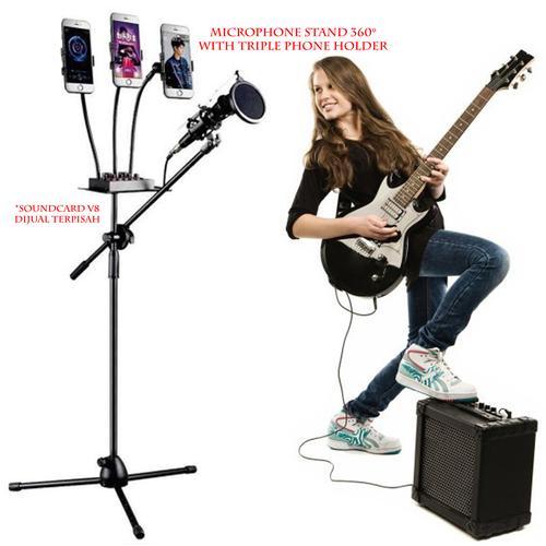 Jual Microphone Stand 360 Degree Mic Mount With Phone Holder LED Light ...