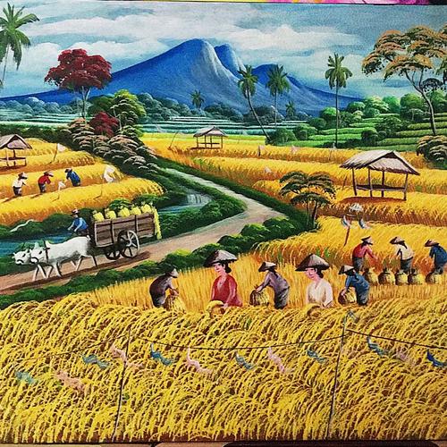 Jual Lukisan Kanvas Pemandangan Sawah dan Panen Padi Yang Indah - Kota ...