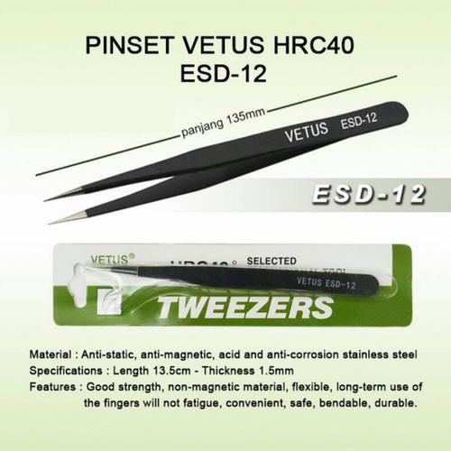 Jual Pinset Tweezers Lurus Runcing ESD-12 VETUS HRC40 Hitam 135mm ...