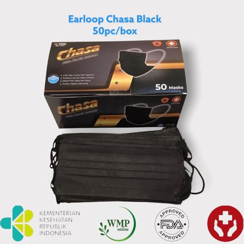 Jual Masker Hitam 3ply Earloop isi 50 Pcs Chasa Black Depan Belakang ...