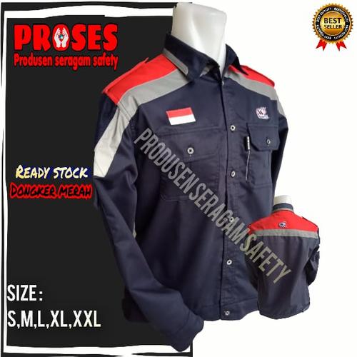Jual BAJU SERAGAM SAFETY KOMBINASI NAVY MERAH FREE LOGO K3 DAN BENDERA ...