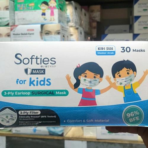 Promo softies kids 3ply earloop surgical mask isi 30 pcs masker medis ...