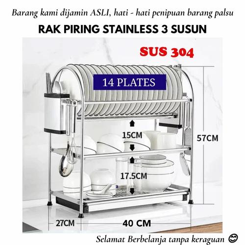 Jual RAK PIRING STAINLESS STEEL 3 SUSUN DISH RACK 14 PLATES 3 TIERS SS ...