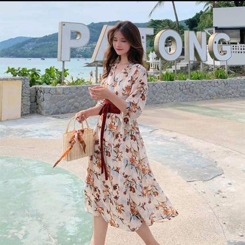 Jual MARIA KOREAN FLORAL BELT VINTAGE MIDI DRESS - Red Orange - Jakarta ...