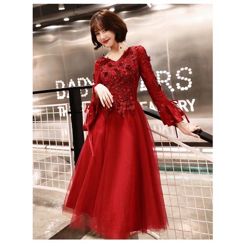 Jual Gaun Pesta 2112004 Merah Maroon Lengan Panjang Party Dress Gown ...
