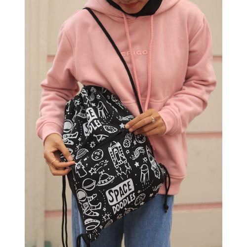 Jual Tas Pria Wanita Anti Air Backpack Tas Serut Kanvas SPNB Space Doodle - Hitam, Kantong Depan ...