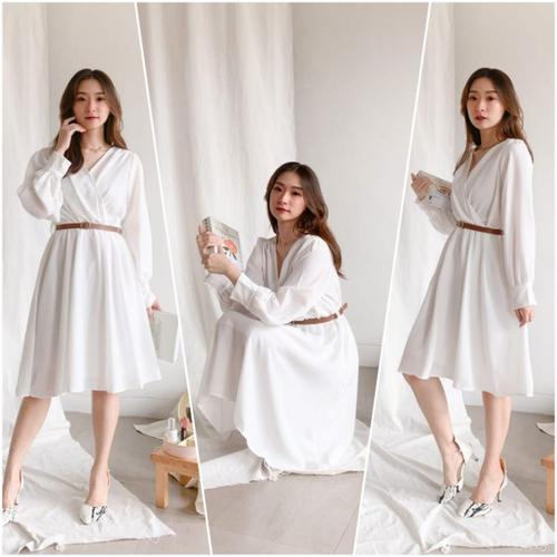 Jual Midi Dress Wanita Lengan Panjang Putih Ariel White Dress Kekinian ...