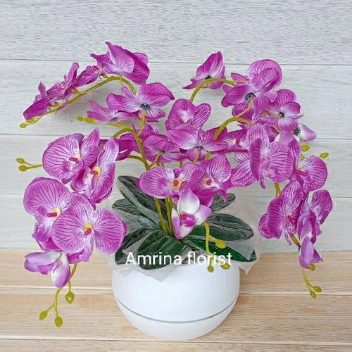 Jual bunga anggrek kain jumbo vas bola//bunga anggrek plastik hiasan ...