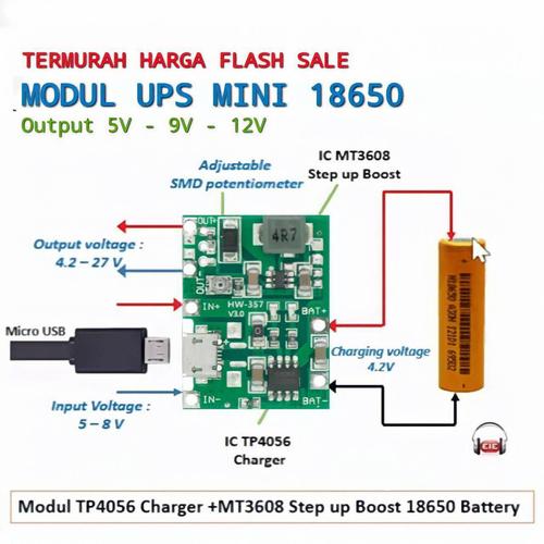 Jual Module Mini UPS Step Up Boost Baterai 18650 3.7V To 5V 9V 12V ...