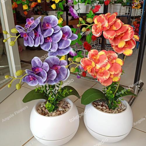 Jual Rangkaian Bunga Anggrek Latex Dekorasi Rumah Vas Bulat Putih ...