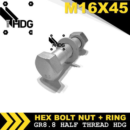 Jual HEX BOLT NUT + RING PLAT HALF THREAD GRADE 8.8 HOTDIP ( HDG ) M16 ...