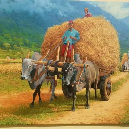 Jual lukisan cetak panen raya dan angkutan sapi plus bingkai - Kab ...