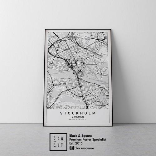 Jual Premium Poster - Map of Stockholm Sweden - Borderless Frame ...