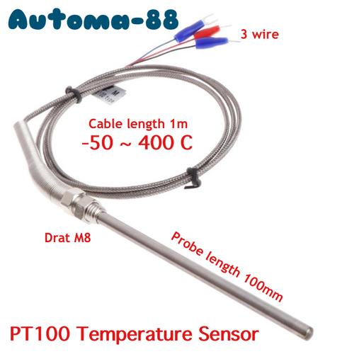 Jual Thermocouple RTD PT100 3 wire Probe 50mm 100mm Kabel 1m 2m Drat M8 ...