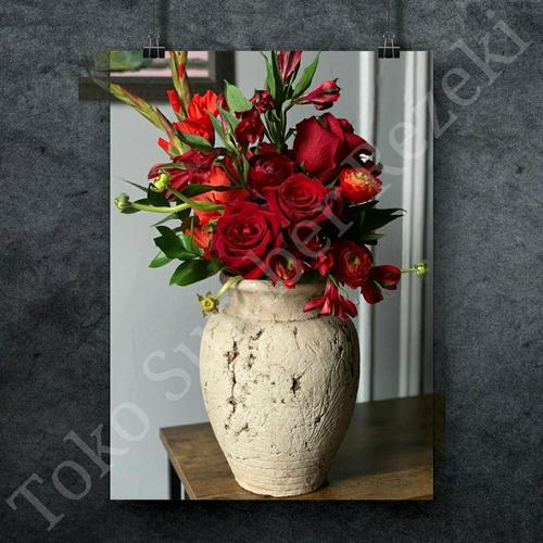 Jual Poster Bunga Mawar Flower Pot Merah Mekar Lukisan Mozaik Paper ...