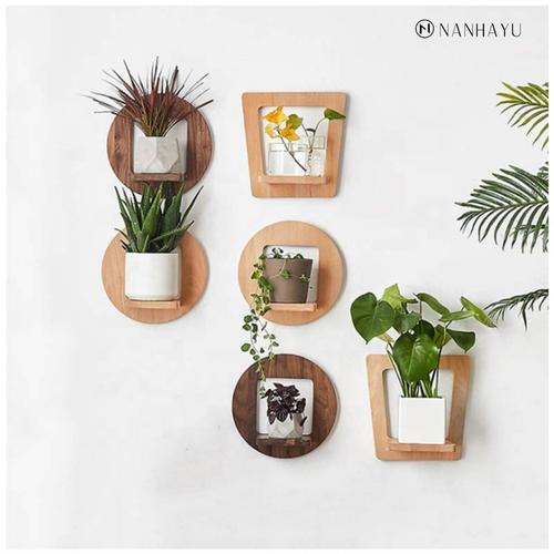 Promo Rak bunga tempel dinding kayu minimalis bentuk L bulat dan kotak ...