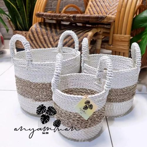 Jual cover pot anyaman / Keranjang anyaman seagrass isi 3 / rak bunga ...