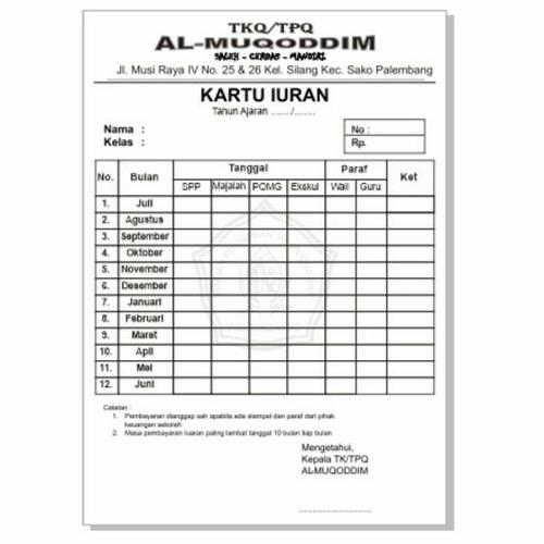 Jual cetak kartu spp / kartu pembayaran sekolah, bimbel, les, dll - Kab ...