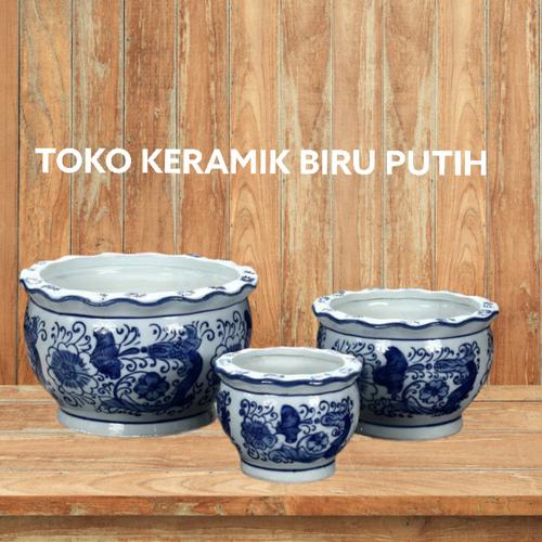 Jual Pot Tanam Keramik Biru Putih Set 3 model bulat bunga/ Pot Keramik ...