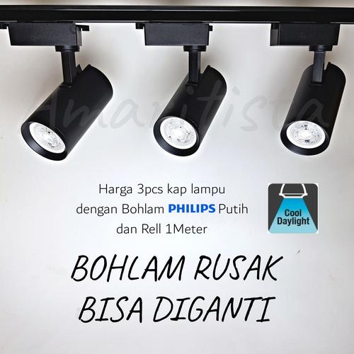 Jual 1set Lampu Track spotlight 3pcs PHILIPS Spot Putih Rell 1Mtr Black ...