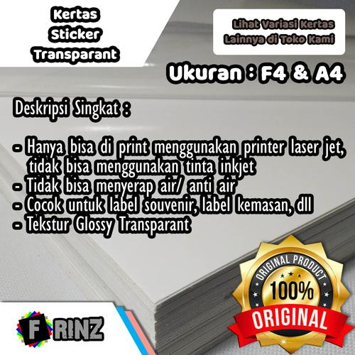 Jual Kertas Sticker Vinyl Transparant Glossy F4 A4 High Quality - A4 ...