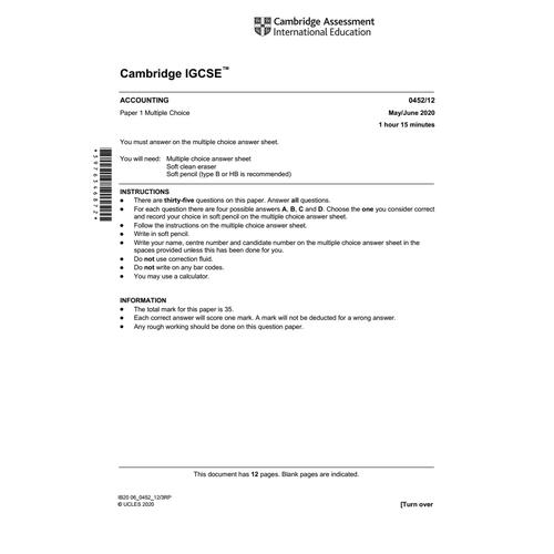 Jual IGCSE Accounting 0452 2016- 2020 May/June past papers and mark ...