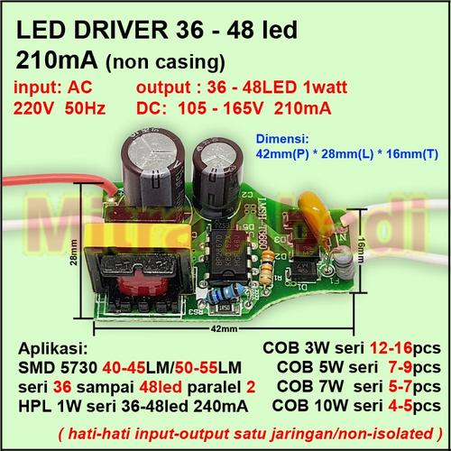 Jual LED Driver 36-48x1 Watt 210 mA (NO IC) AC-DC Tanpa Casing ...